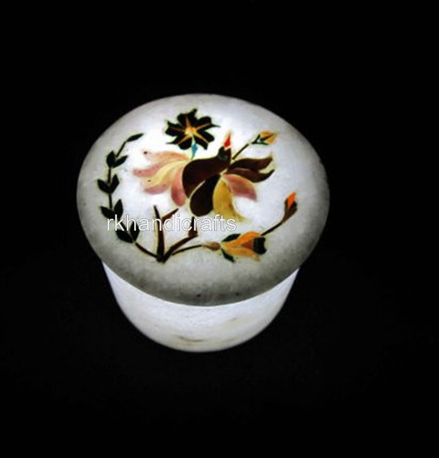 2.5 Inches Round Marble Bed Side Decor Box Bird Pattern Inlay Work ...