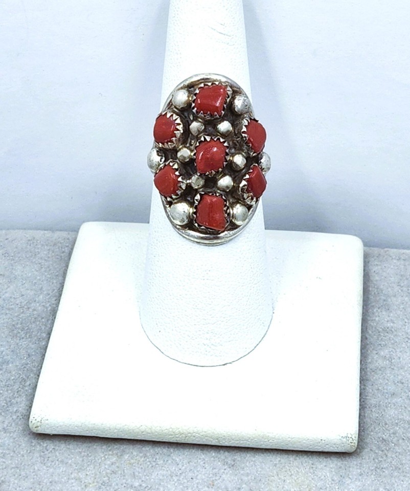 Bernice Bonney Navajo Mediterranean Coral Cluster Sterling Saddle Ring ...