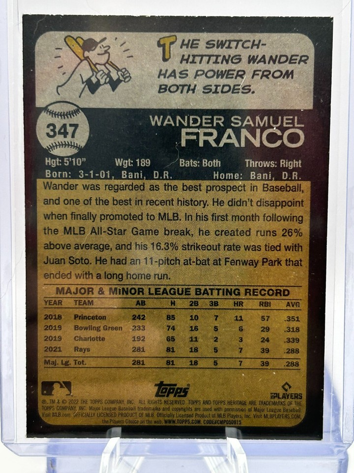 WANDER FRANCO 2022 TOPPS HERITAGE BASE ROOKIE RC #347 JT | eBay