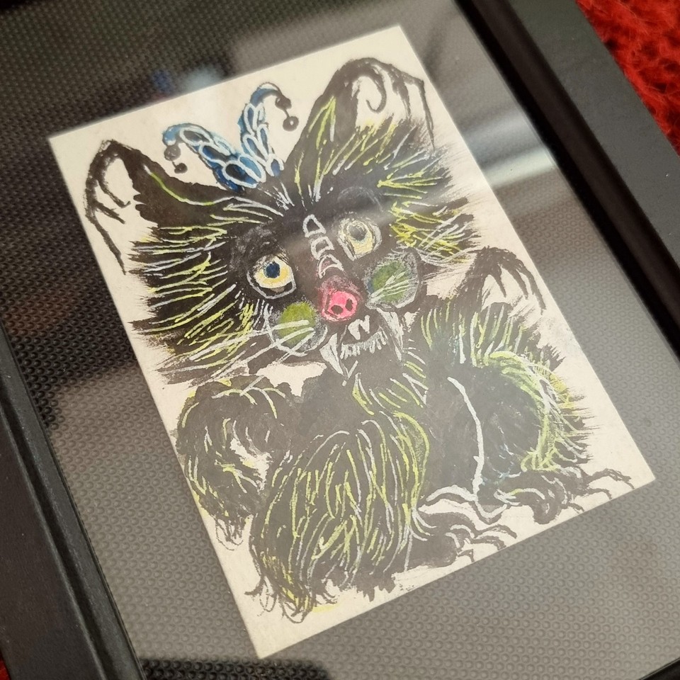 Framed Original Art Work Strange Jester Spooky Cat Painting Drawing ...