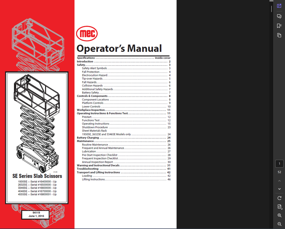 MEC 3346SE COMPACT A92.6 SCISSOR MAN LIFT OWNERS SERVICE PARTS MANUAL ...