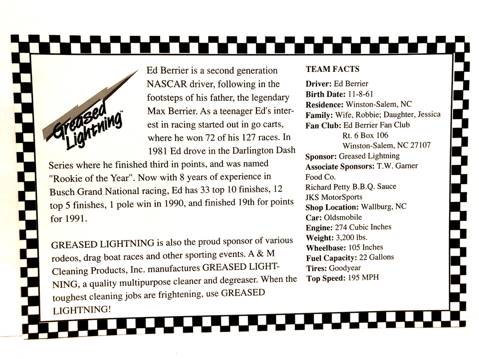 1992 ED BERRIER #22 GREASED LIGHTNING OLDSMOBILE NASCAR BUSCH POSTCARD ...