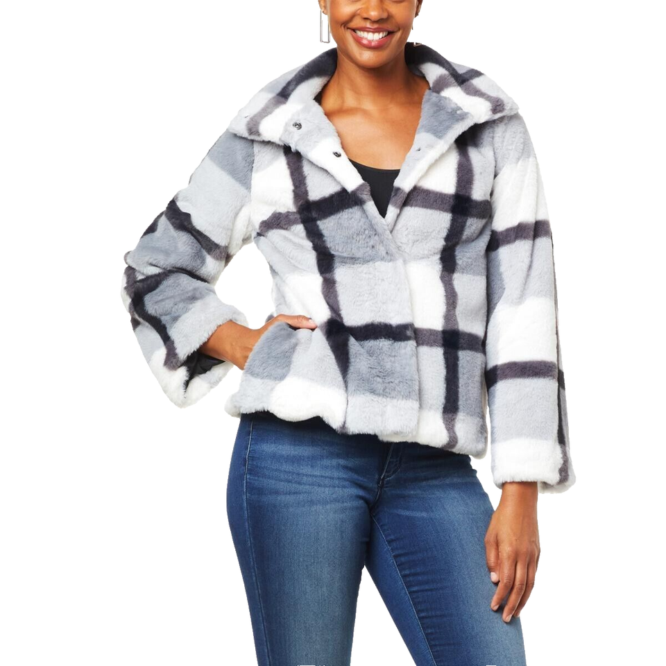 Plaid Faux Fur Jacket 3X Black Gray Soft Bell Sleeve Pockets Colleen ...