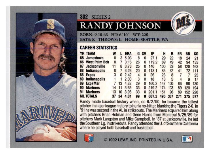 1992 Leaf #302 Randy Johnson Seattle Mariners | eBay