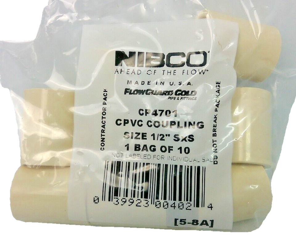 **LOT of 5** NIBCO Pipe CPVC Hot & Cold Water Coupling, 1/2 In., 10 ...