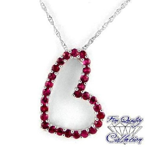 Real Red Ruby Heart Necklace, 28 Round Rubies, White Gold/Sterling ...