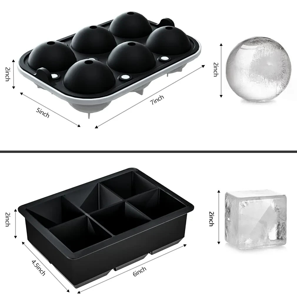 Set of 2 Ice Cube Trays Sphere Ice Maker with Lid & Large Square Ice ...