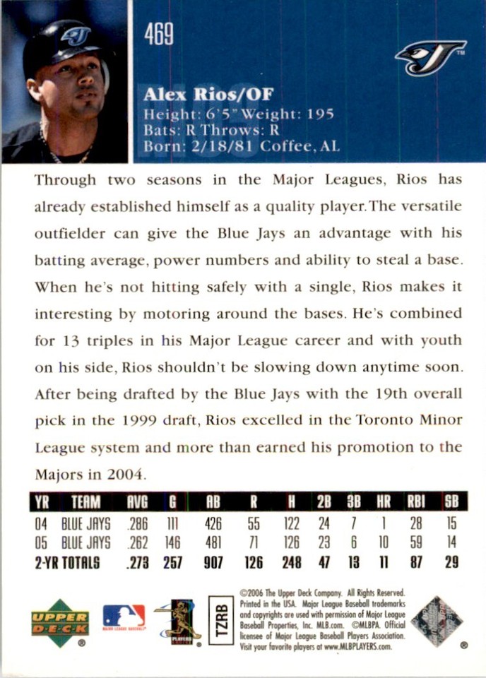 2006 Upper Deck Alex Rios Toronto Blue Jays #469 MLB Baseball Card | eBay