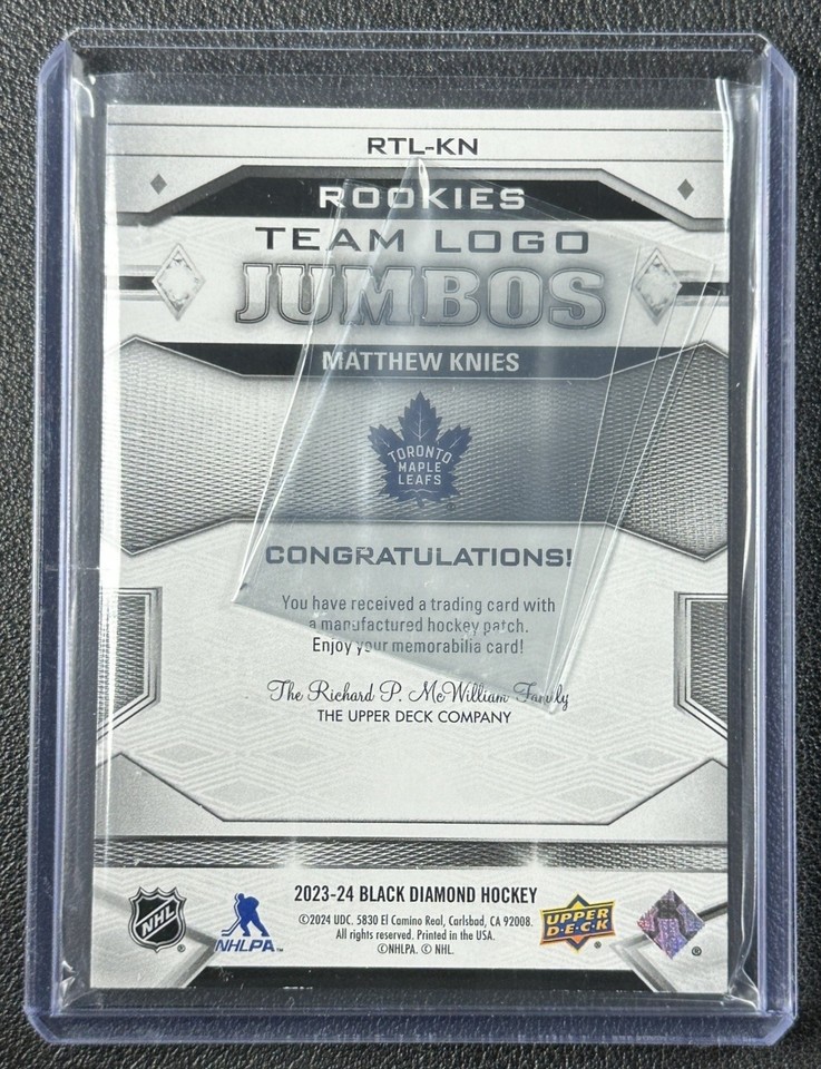 MATTHEW KNIES 2023-24 UD BLACK DIAMOND #RTL-KN ROOKIE TEAM LOGO JUMBO ...