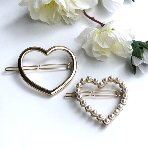Hair Clip Bridal Jewelry Love Heart Pearl Hair Pin Gold Barret Clasp 2X ...