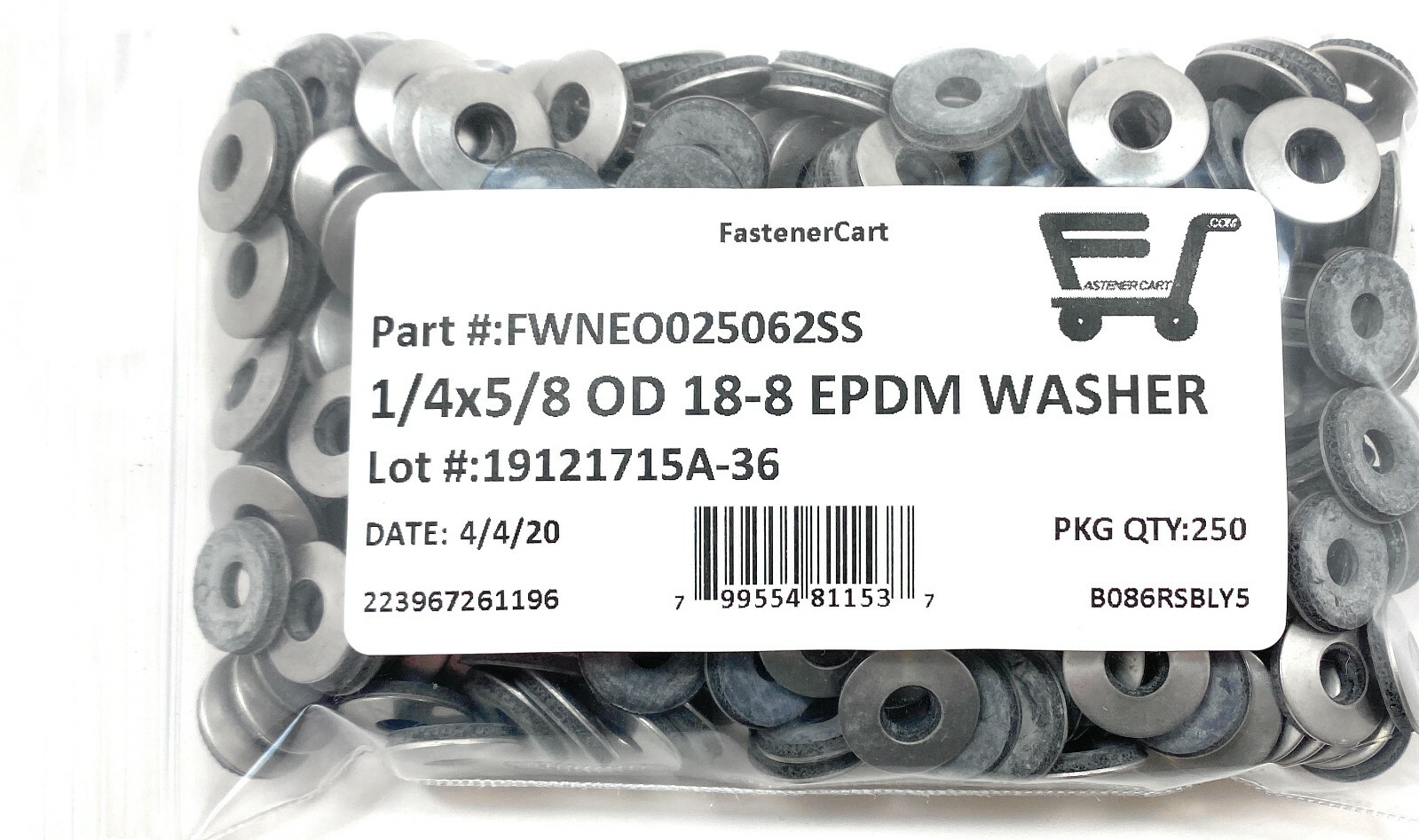 (250) 1/4 x 5/8 OD Stainless Steel Washer EPDM Neoprene Rubber Backed ...