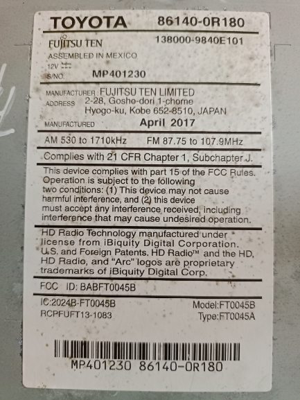 Toyota RAV4 2014-2018 Gracenote HD Radio Touchscreen 86140-0R180 100582 ...