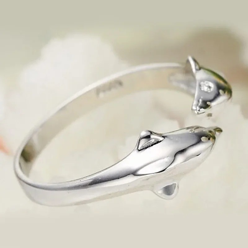 925 Sterling Silver Double Dolphin Love Open Adjustable Ring for Women ...