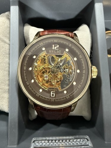 Relic Automatic Skeleton Dial Brown Leather Strap Watch | eBay