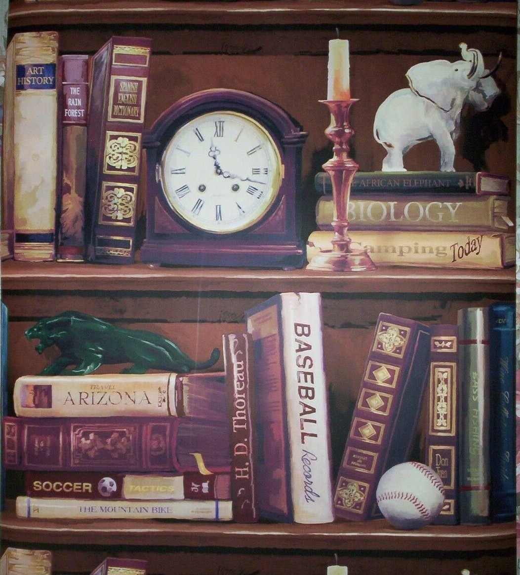 FAUX LIBRARY BOOKSHELF WITH CLOCKS & CANDLES PREPASTED VINYL WALLPAPER ...