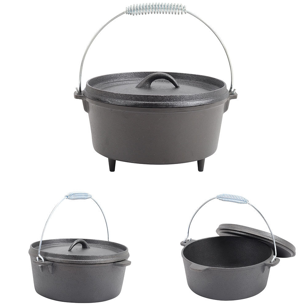 Cast Iron Camping Cookware Dutch Oven Casserole Pot Deep Stew Soup Lid ...