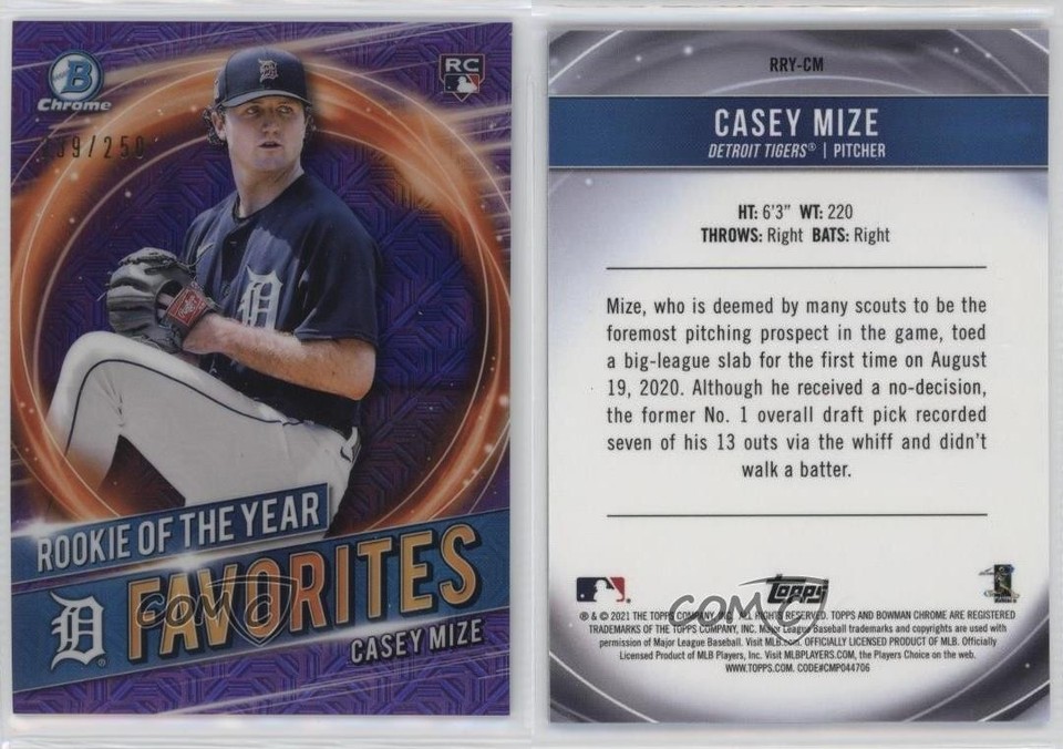 2021 Bowman Mega Box Purple Mojo Refractor 239/250 Casey Mize #RRY-CM ...