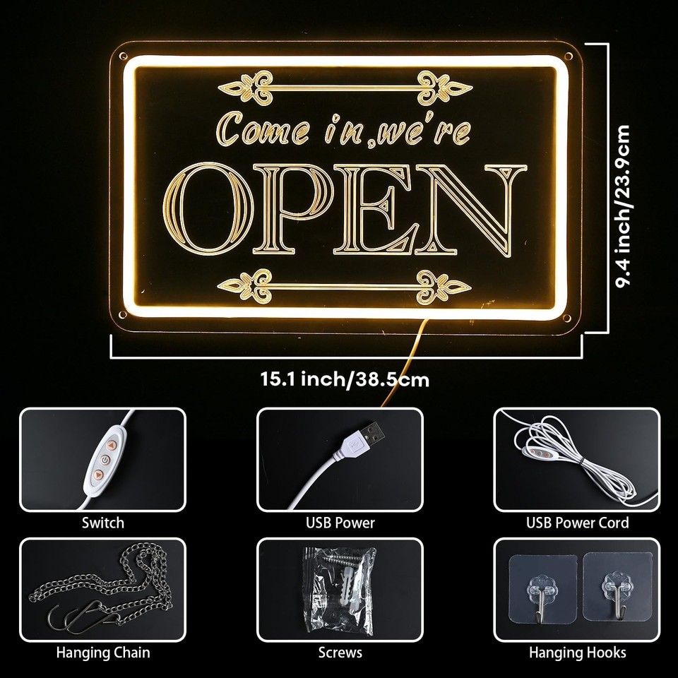 Neon Open Sign for Business Window, Warm White Come in We Are Open Led ...