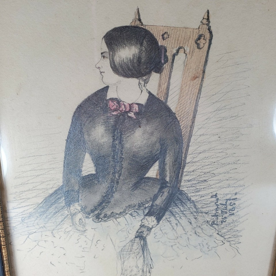 Antique 1851 Women Sitting Chair Signed Pencil Charcoal Drawing ...