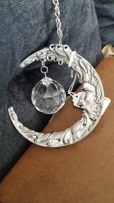 Pewter and Hanging Crystal Moon with long chain decorative | eBay