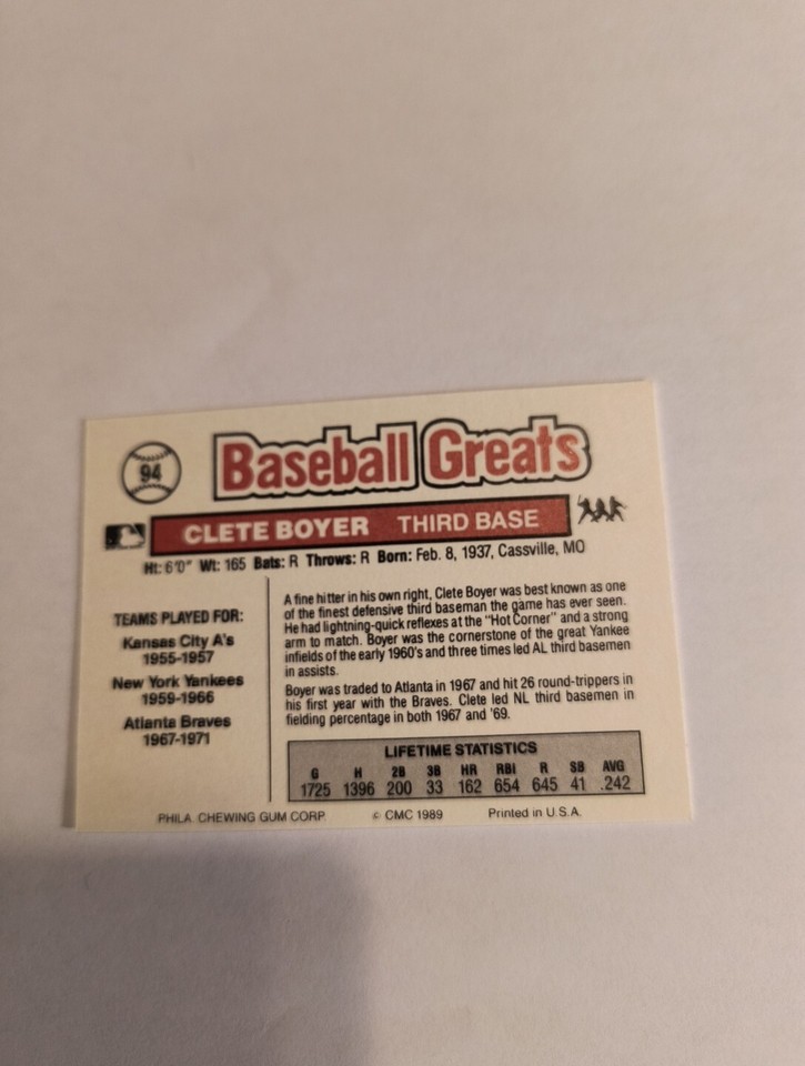 CLETE BOYER 1989 SWELL BASEBALL GREATS #94 FREE SHIPPING | eBay