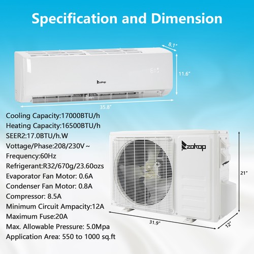 ZOKOP 17000 BTU AC Ductless Mini Split Air Conditioner w/Heat Pump ...