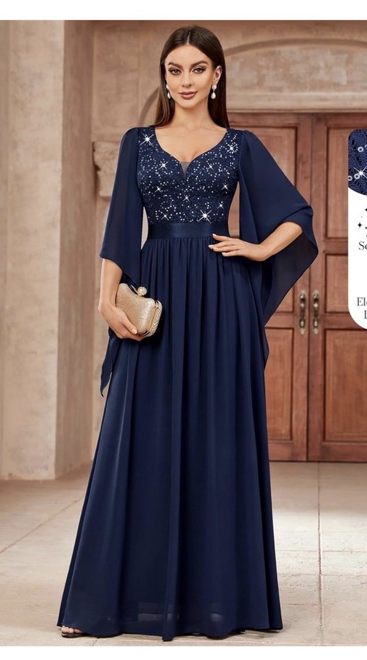 Women's Elegant Sequin Insert Lace Sheer Chiffon Flare Sleeve Dress ...