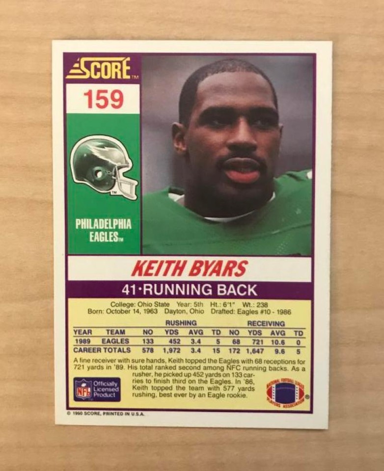 KEITH BYARS PHILADELPHIA EAGLES SIGNED AUTOGRAPHED 1990 SCORE CARD #159 ...