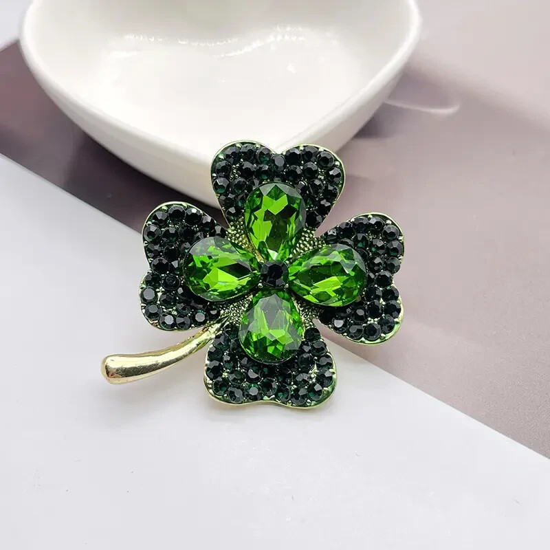Lucky Clover Leaf Irish Brooch, Green Shamrock Four Leaf Clover Crystal ...