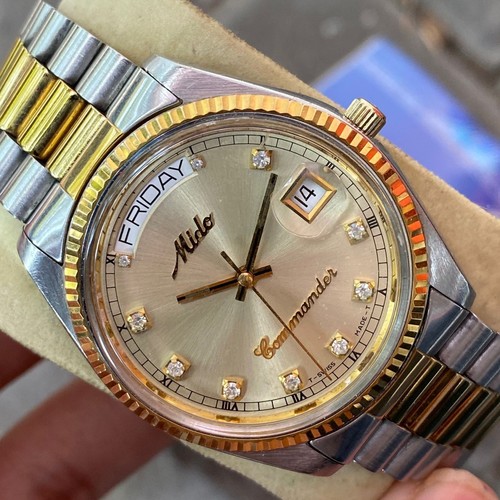 Rare montre Mido Commander President automatique cadran doré diamant ...