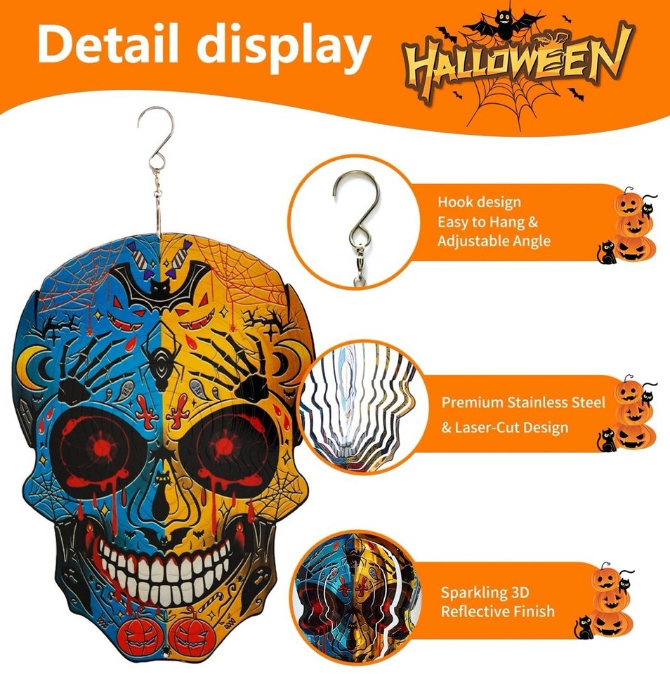 12 inch Halloween Decoration Skull Wind Spinner - 3D Metal Garden ...