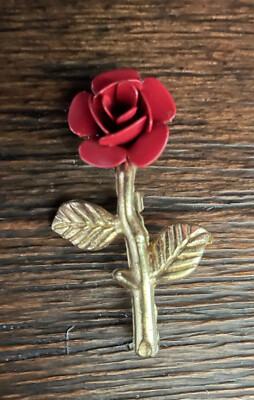 Vintage Red Rose Brooch, Pin - Gold Tone Rose Petals Leaves Thorn ...