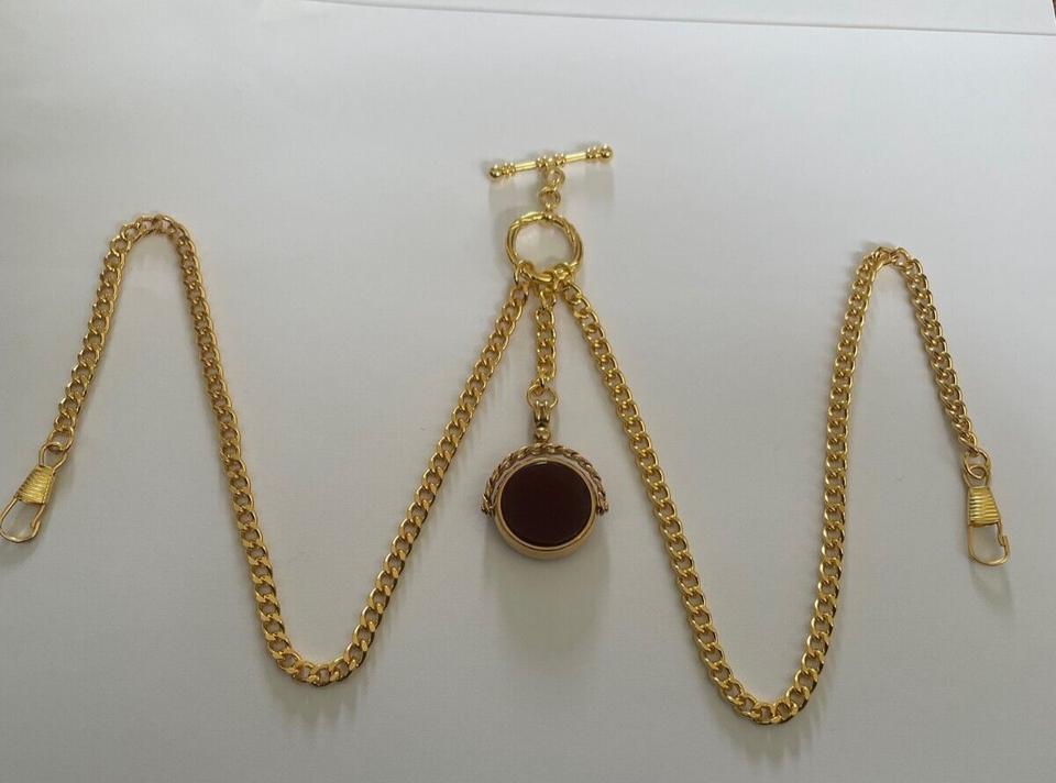 vintage type double albert gold plated pocket watch chain spinning fob ...