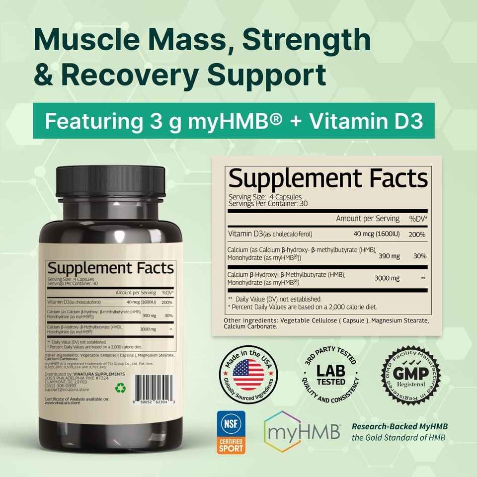 HMB 3000Mg and Vitamin D3 Supplement Capsules per Serving *USA Made ...