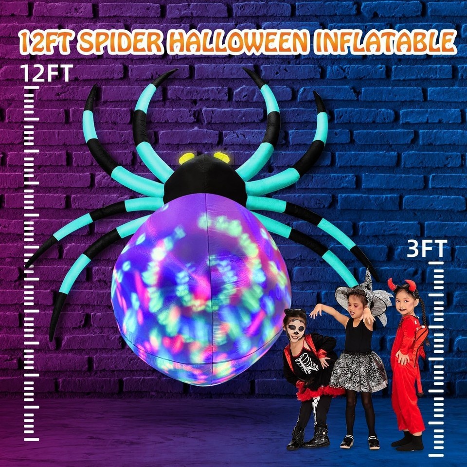 12Ft Giant Halloween Inflatables Spider Built-in 7-Color-Shifting Eyes ...