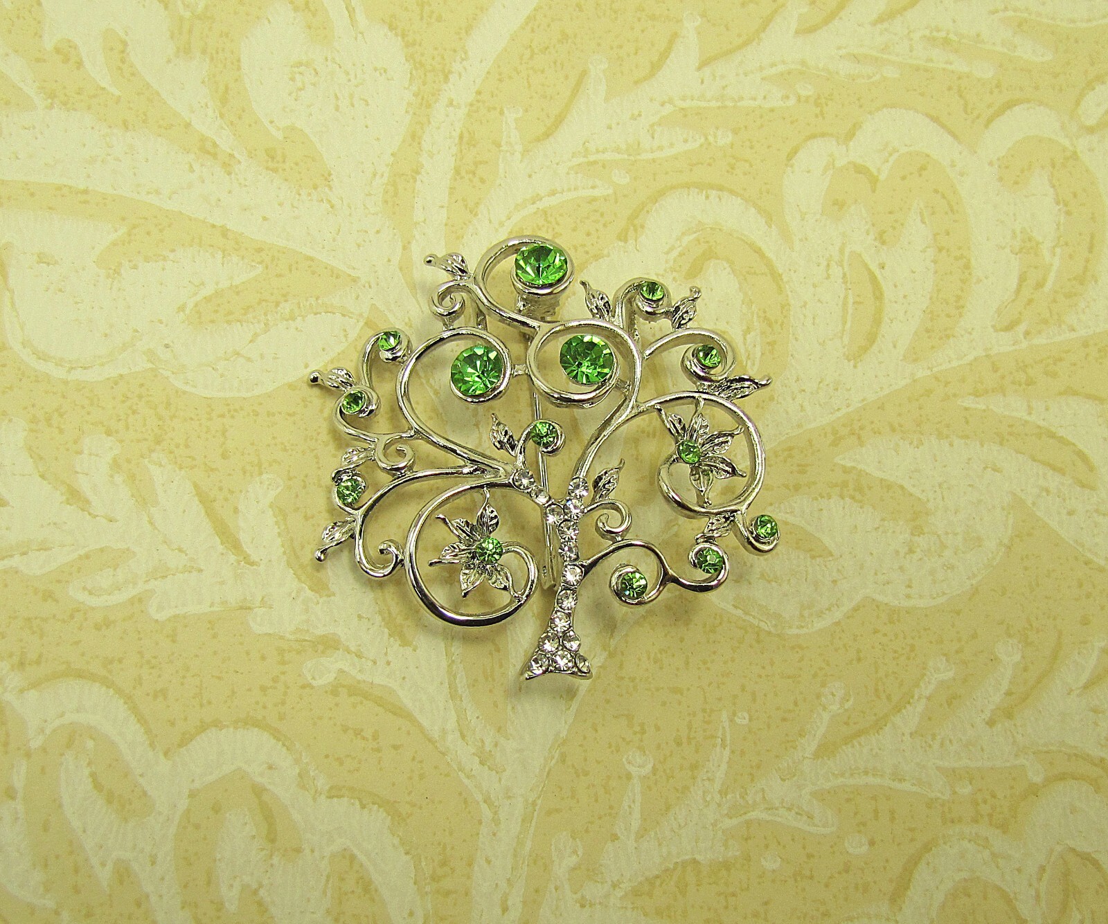 Green Crystal Tree of Life Pin Brooch with Clear Crystals and Silver ...