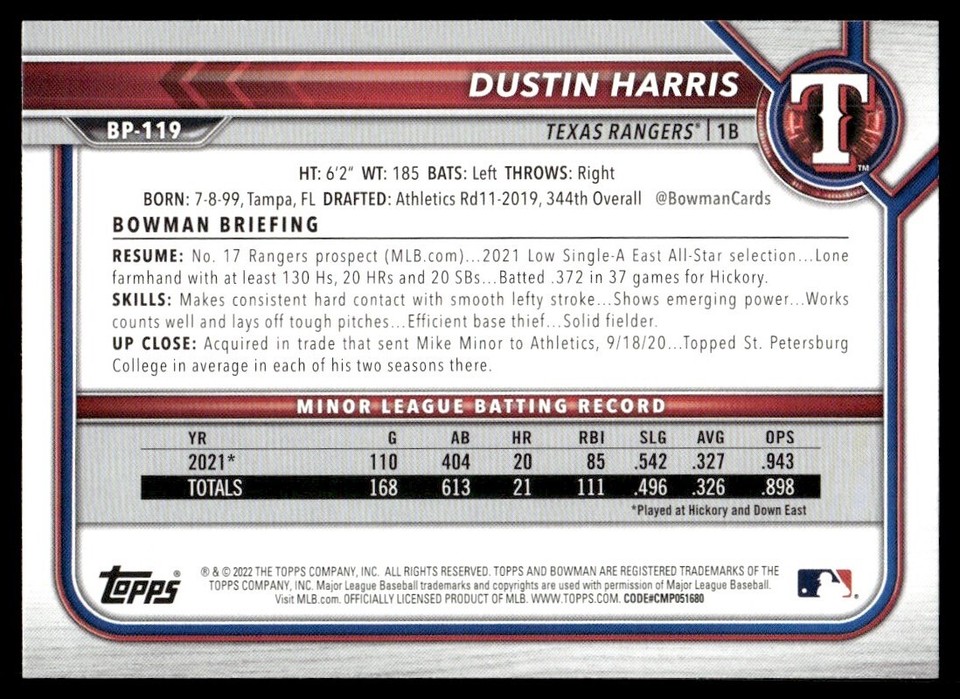 2022 Bowman Prospects Dustin Harris G81 Texas Rangers #BP-119 | eBay