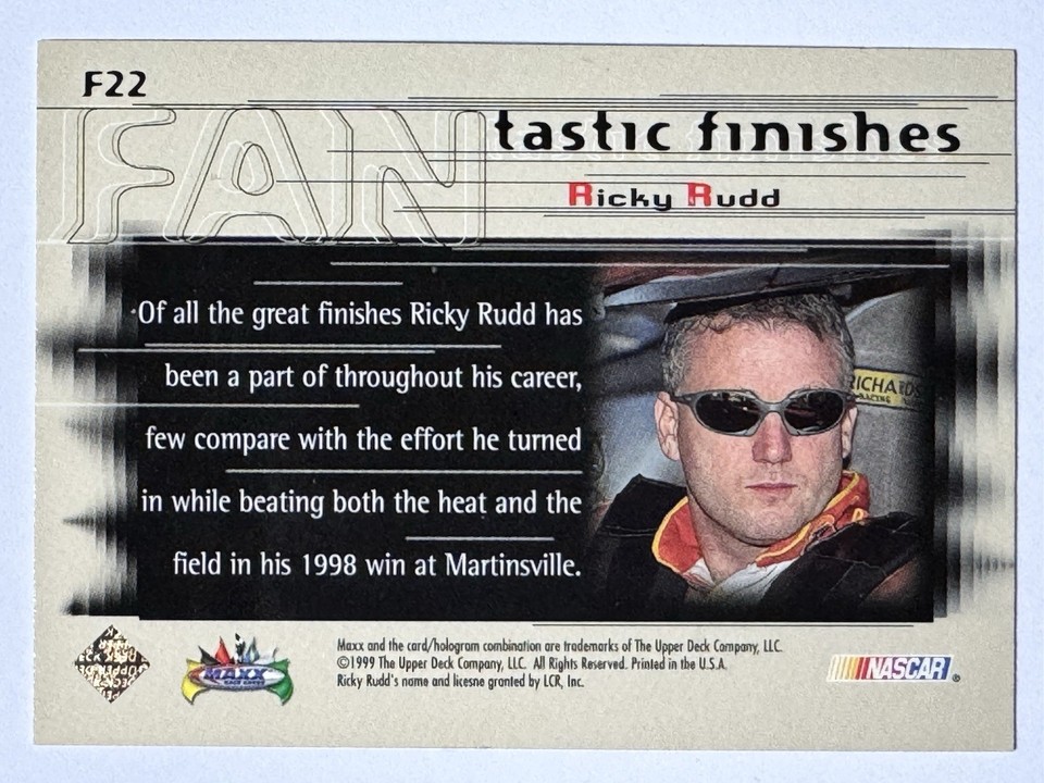 HOF'er RICKY RUDD 1999 Maxx FANTASTIC FINISHES INSERT TIDE CAR Racing ...