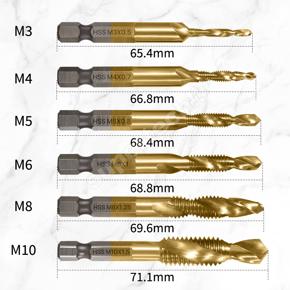 6X HSS Hex Shank Tap Drill Bits Metric Thread Screw Compound Tapping ...