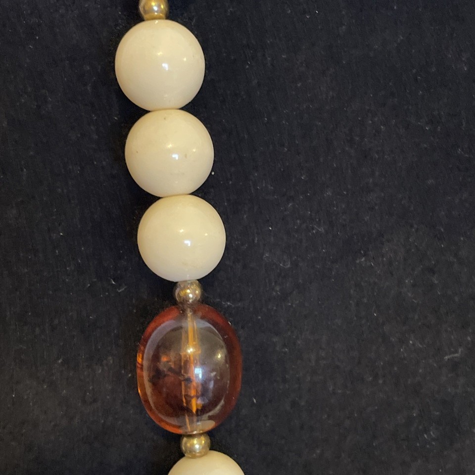 Chunky Beaded Necklace Cream Amber Brown Tones Gold Spacers Signed VA ...