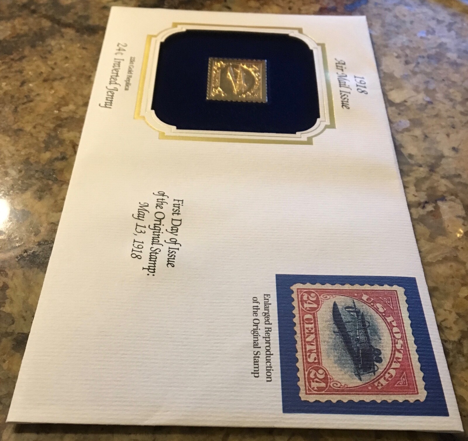 22kt gold replica Inverted Jenny 24¢ stamp 1918 Air Mail First day of ...