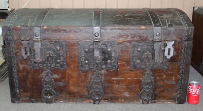 VERY LARGE Old Antique EARLY Multi Lock WOODEN TRUNK Treasure Chest ...