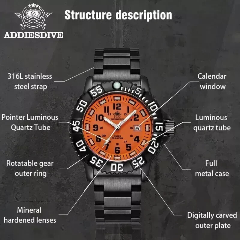 40MM ADDIESDIVE Military Quartz Watch Dive Men Steel 50M Waterproof ...
