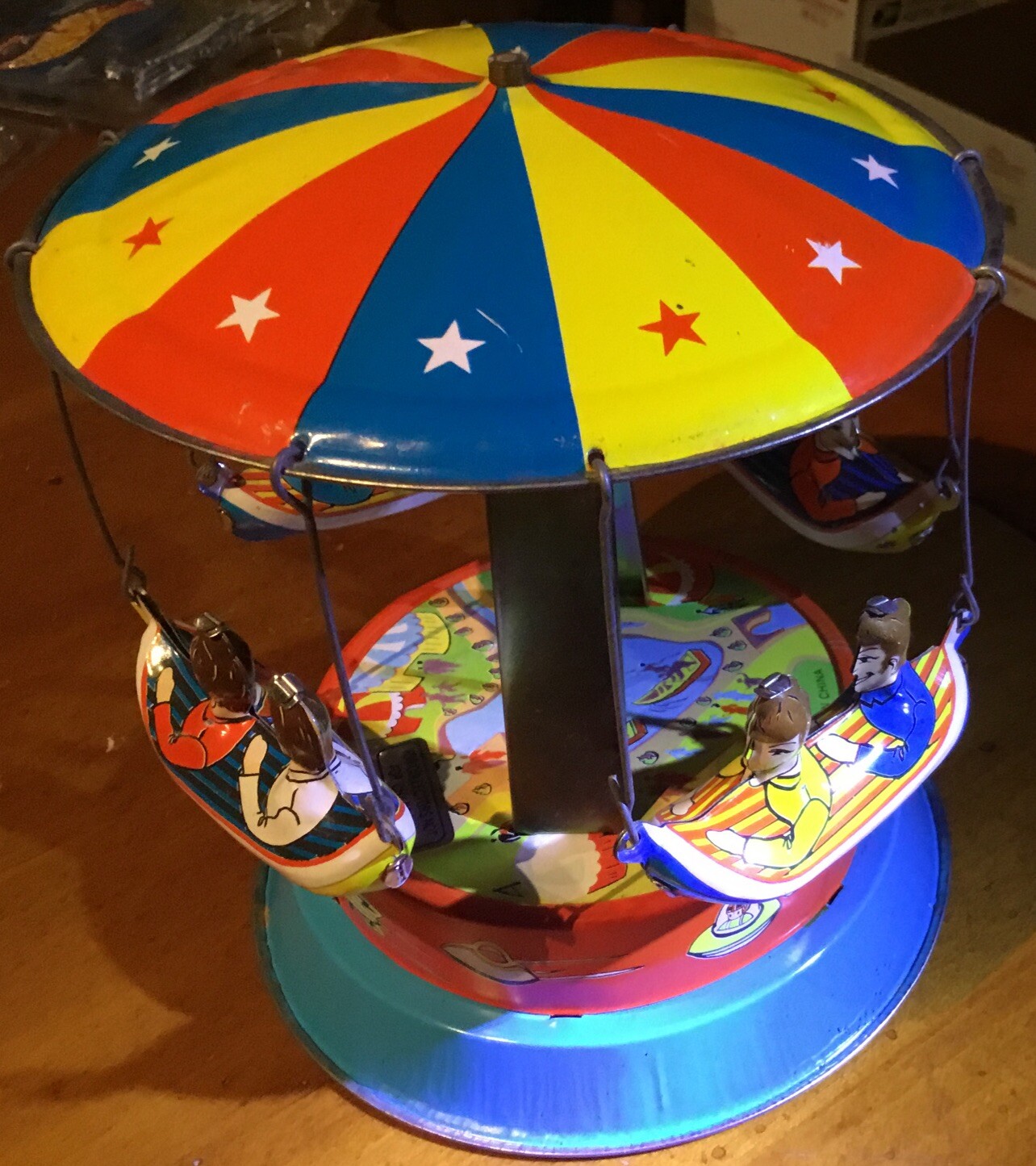TIN PLATE TOY FAIRGROUND ROUNDABOUT SWING, VINTAGE, MADE IN China, It ...