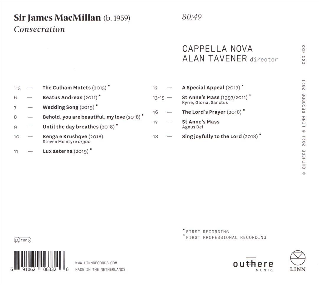 CAPPELLA NOVA / ALAN TAVENER SIR JAMES MACMILLAN: CONSECRATION NEW CD ...