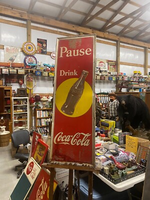 Vintage 54" x 18" Pause Drink Coca-Cola COKE Vertical Metal Sign Yellow ...
