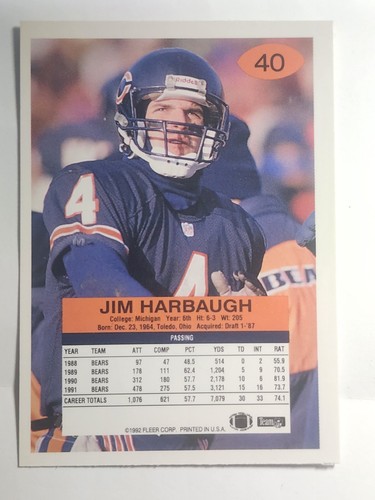 1992 Fleer Chicago Bears #40 Jim Harbaugh | eBay