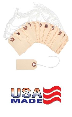100 Small Manilla Cardstock Price Tags 2 3/4" x 1 3/8" Pre-strung with ...