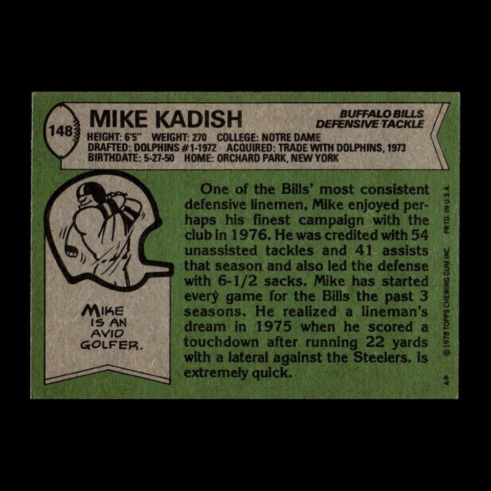 Mike Kadish 1978 Topps Buffalo Bills #148 R308F 4 | eBay