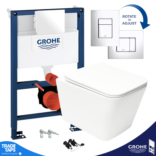 Square Rimless Wall Hung Toilet Pan & GROHE 0.82m Low Height Cistern WC ...